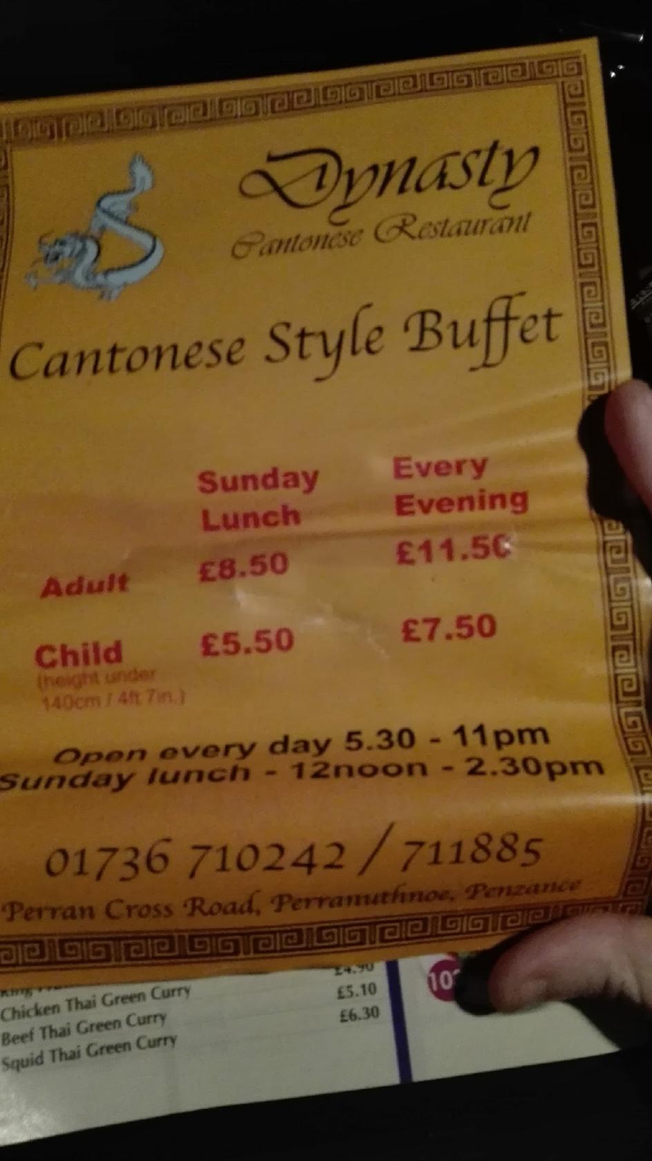 Menu at Dynasty Restaurant, Perranuthnoe, Perran Crossroads