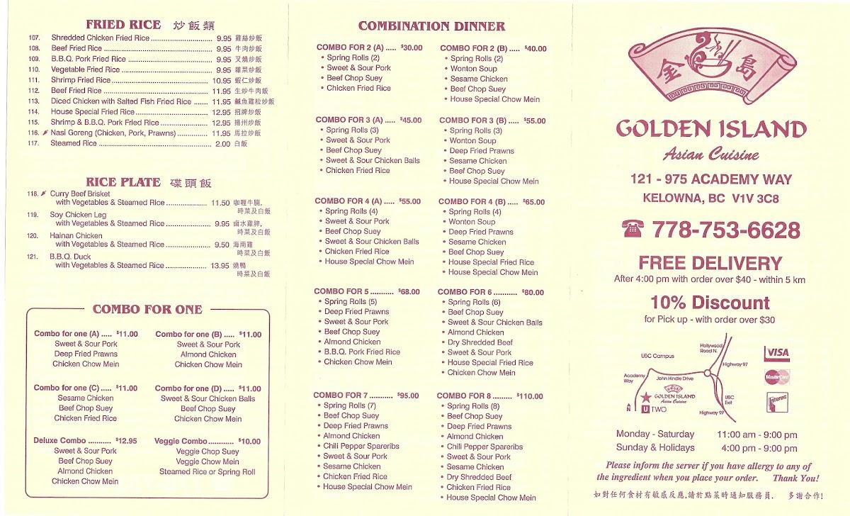 Menu at Golden Island Asian Cuisine restaurant, Kelowna