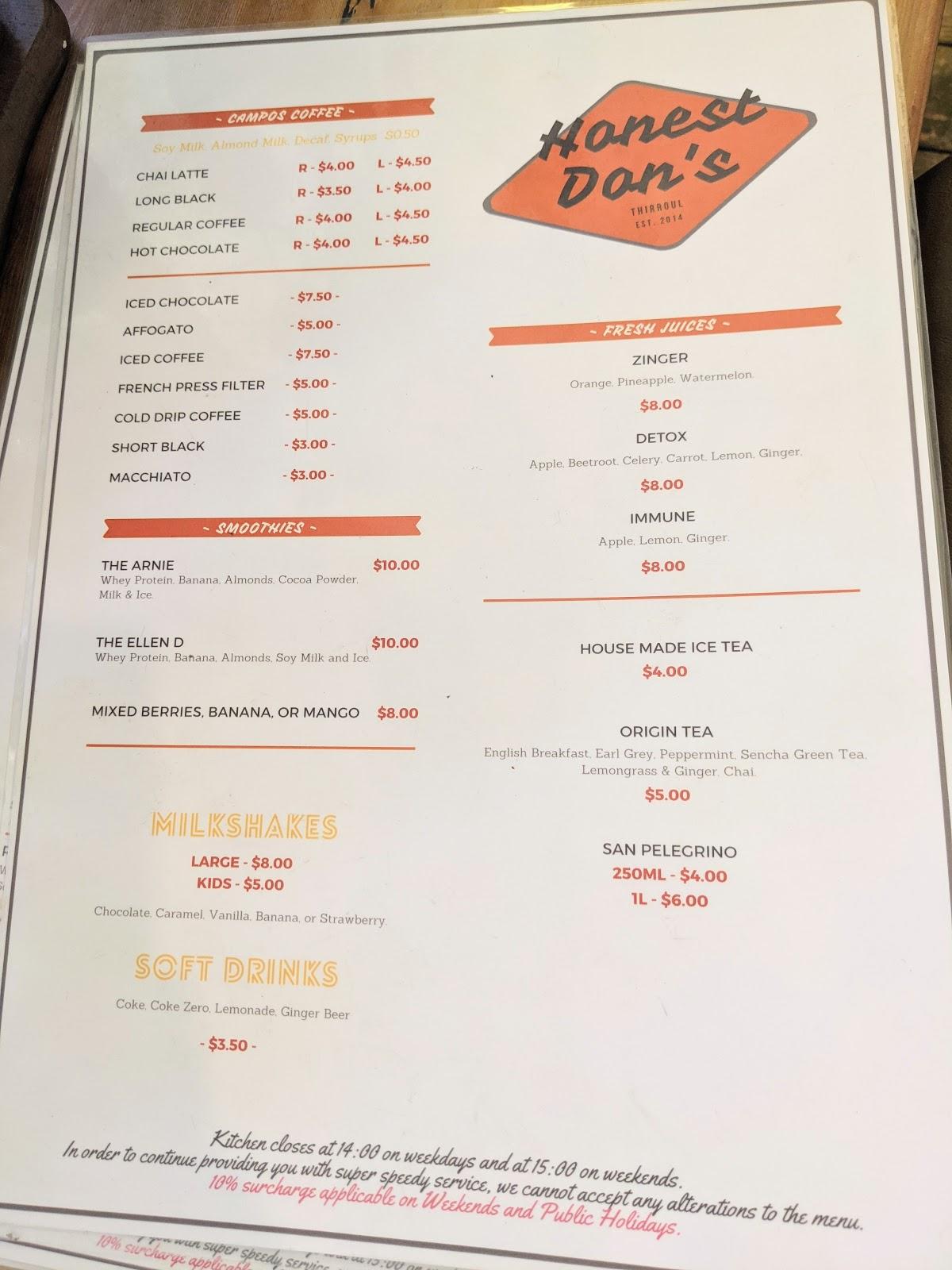 Carta del café Honest Dons, Thirroul