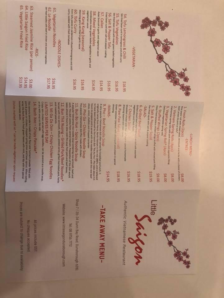 Menu at Little Saigon Authentic Vietnamese Restaurant, Dunsborough