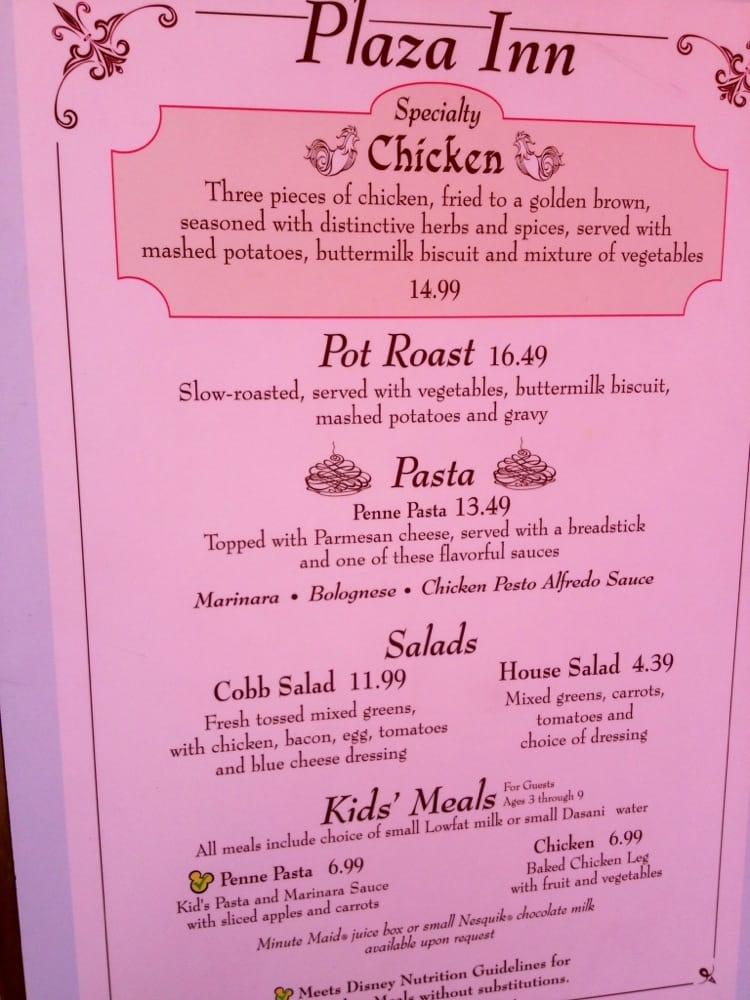 Menu at Plaza Inn restaurant, Anaheim, Disneyland Park