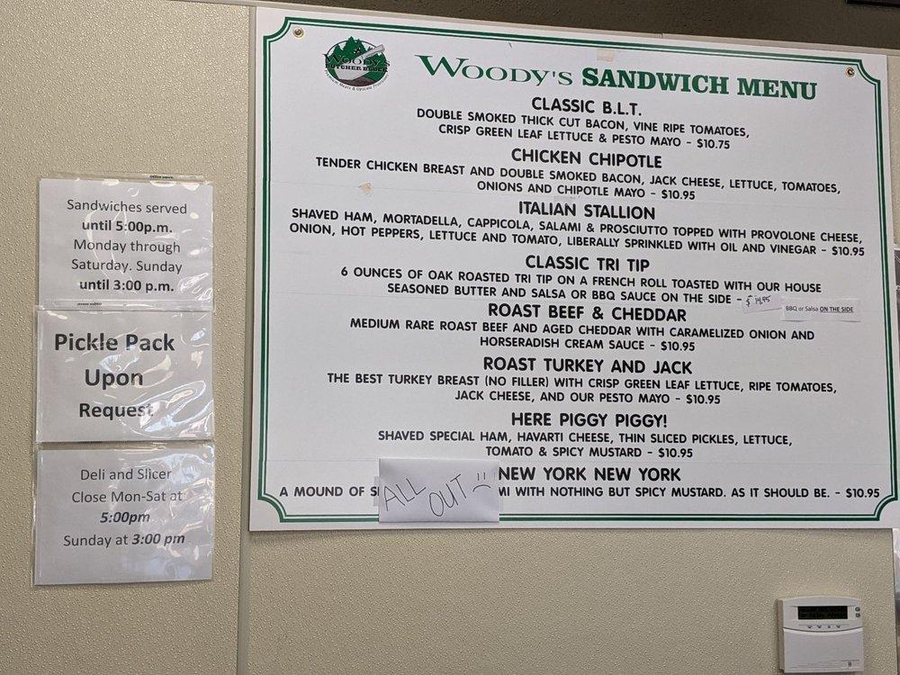 Menu at Woody's Butcher Block restaurant, Santa Maria