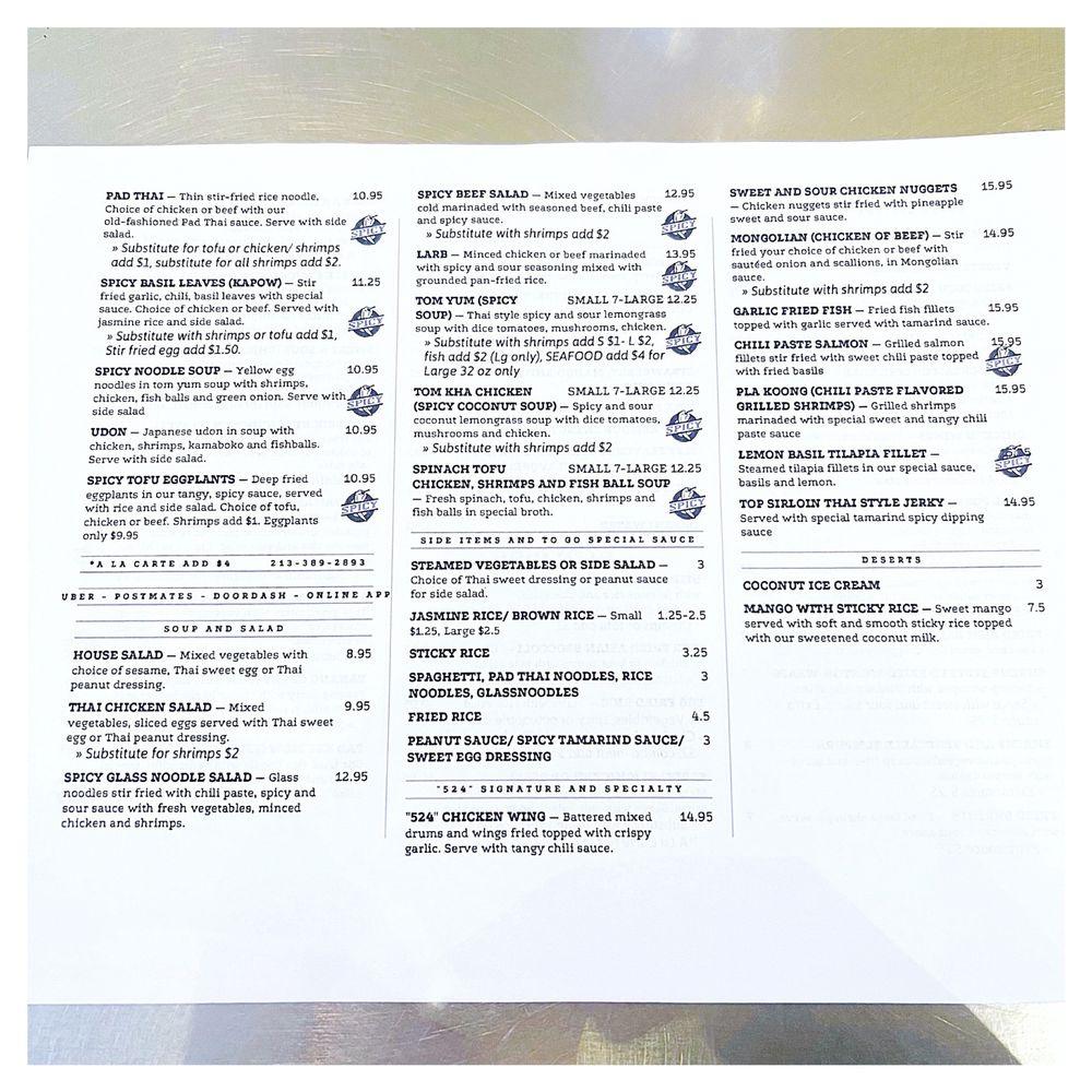 Menu at 524 Thai Eatery restaurant, Los Angeles