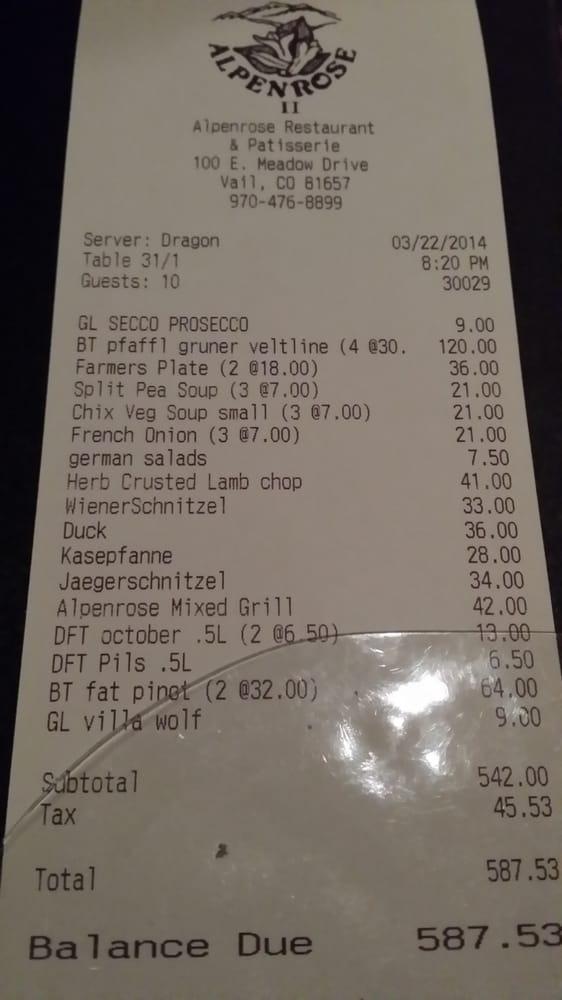 Menu at Alpenrose Vail restaurant, Vail, 100 E Meadow Dr STE 25