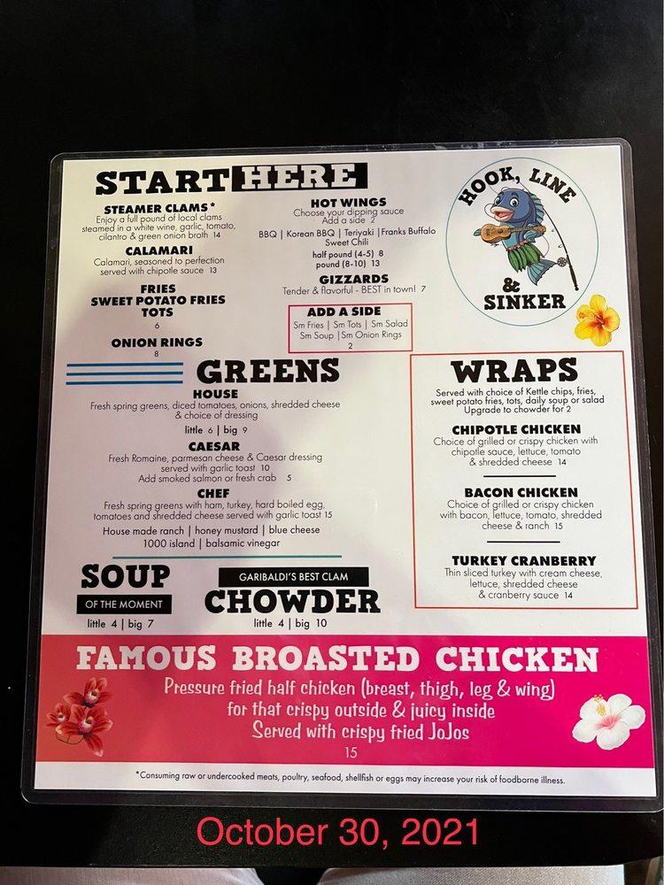 Menu at Garibaldi's Hook, Line 'n Sinker, Sports Bar and Grill, Garibaldi