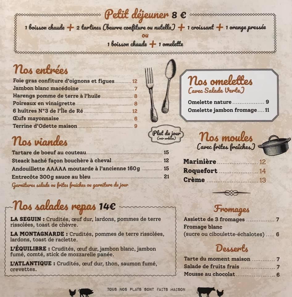 Menu at Les copains d'abord restaurant, La Rochelle
