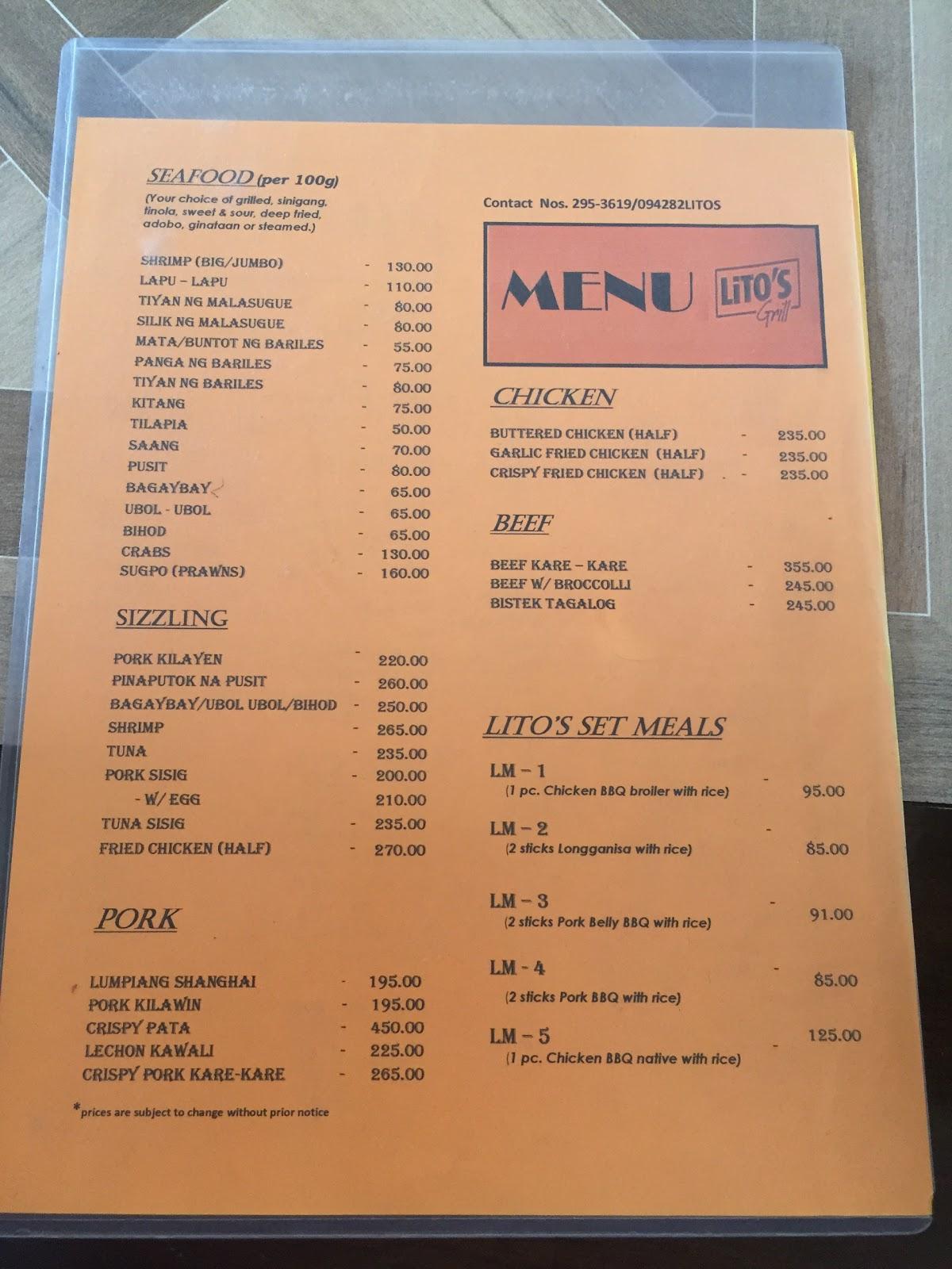 Carta del restaurante Lito's Grill, Dávao, 3H2R+F5C