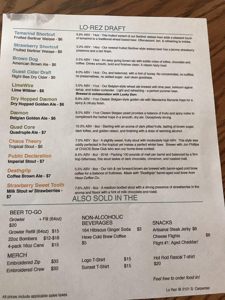 Menu at Lo Rez Brewing and Taproom, Chicago