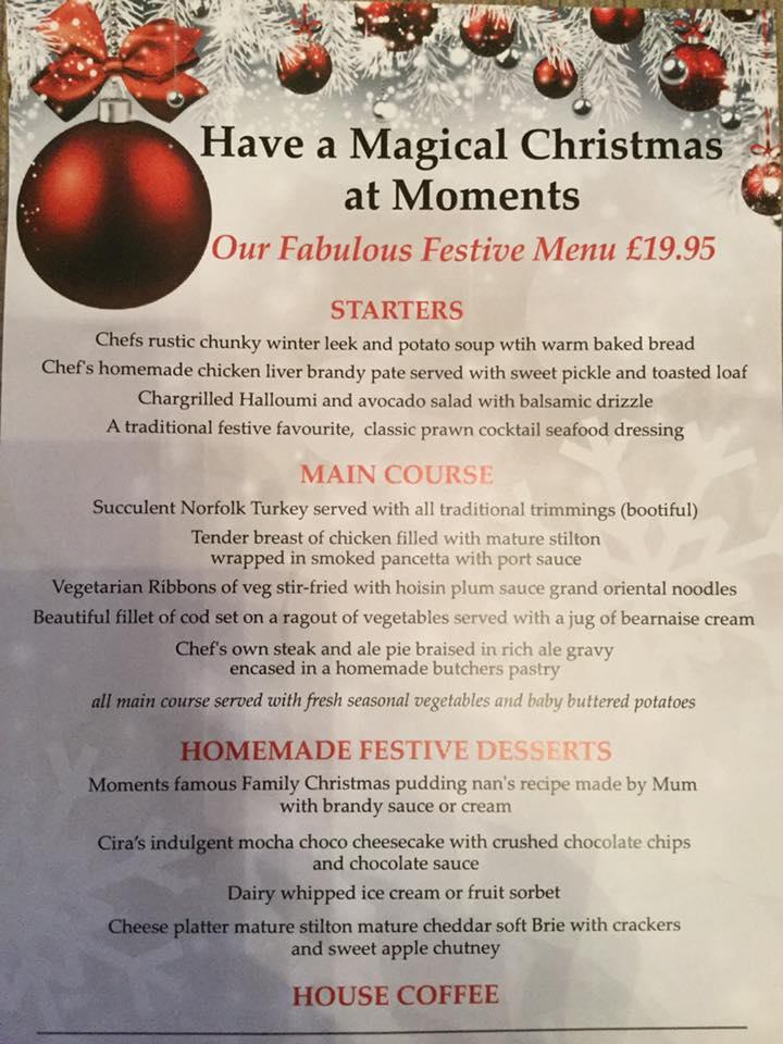 Menu at Moments restaurant, Ormesby Saint Margaret