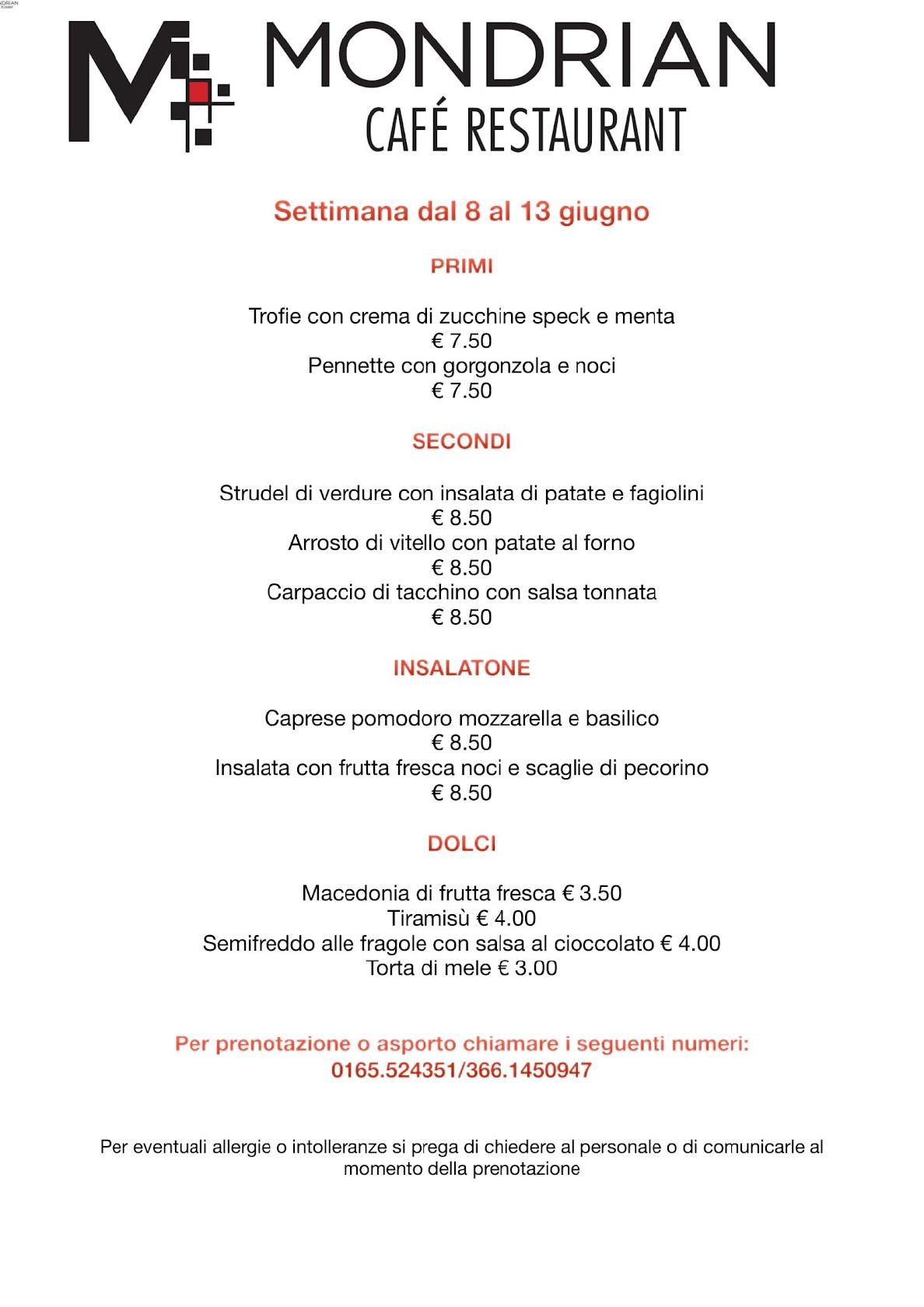 Menu da Mondrian Café pizzeria, Chef-Lieu