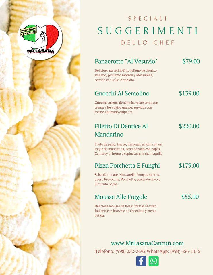 Menu at Mr. Lasagna pizzeria, Cancún, Calle Luciérnaga 503-MZA 10 LTE 1