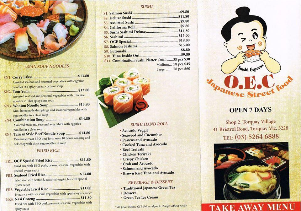 Menu at OEC Japanese Street Food restaurant, Torquay