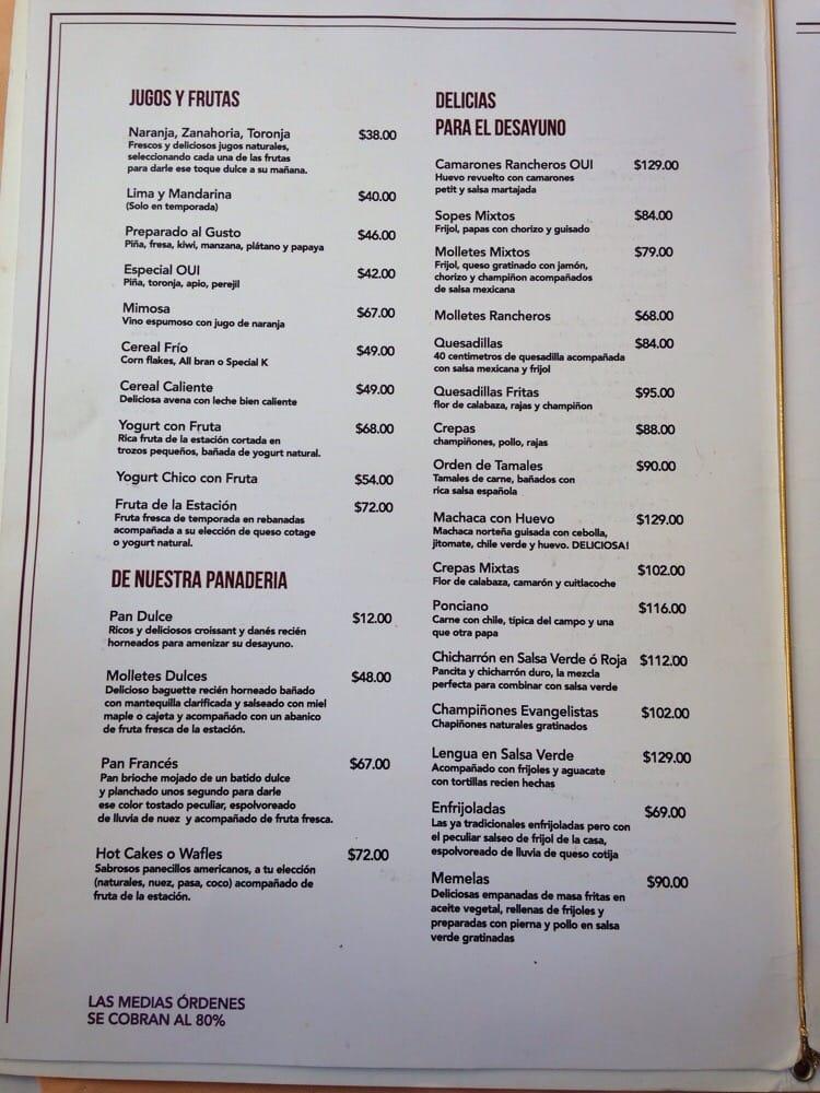 Carta de OUI Restaurant Bar, Guadalajara, Av López Cotilla 2171