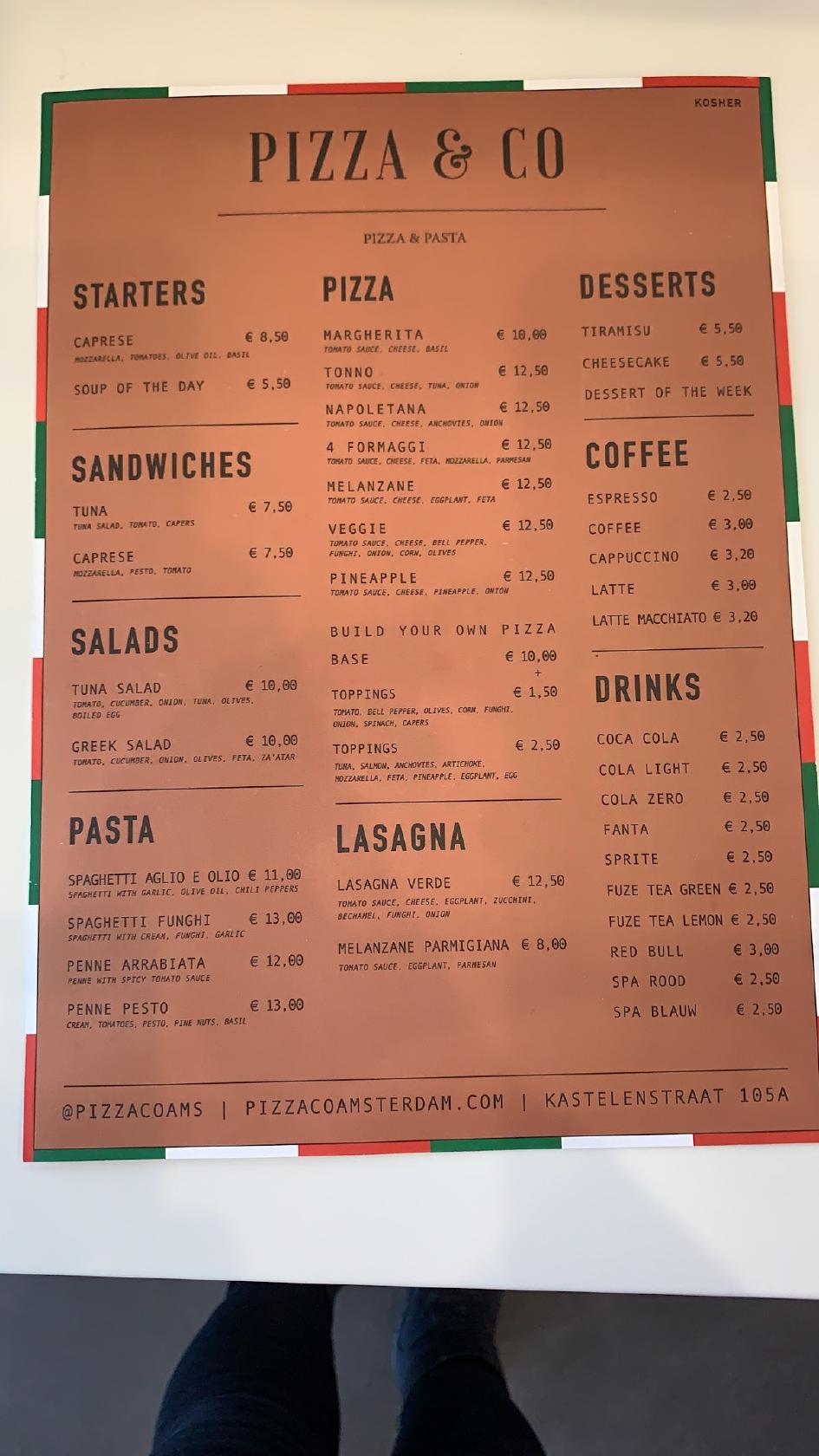 Menu at Pizza & Co, Amsterdam