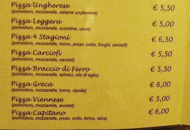 Menu at Pinocchio restaurant, Ischitella