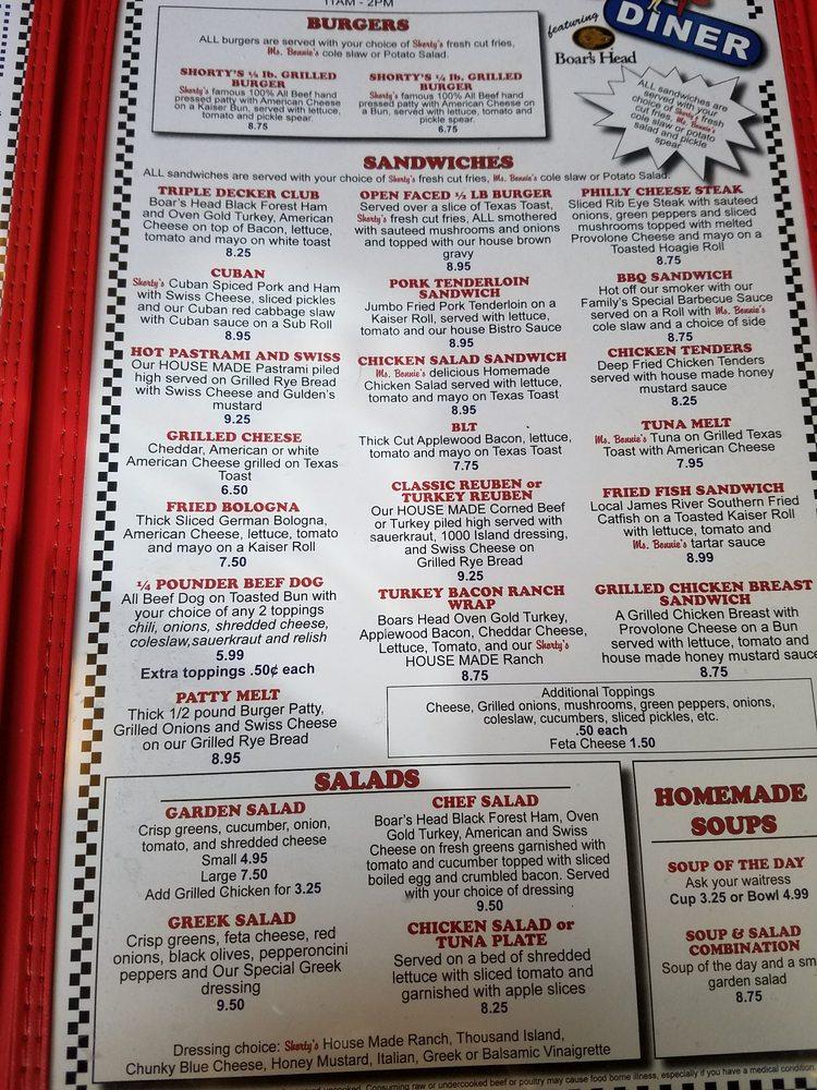Menu at Shorty's Diner restaurant, Williamsburg