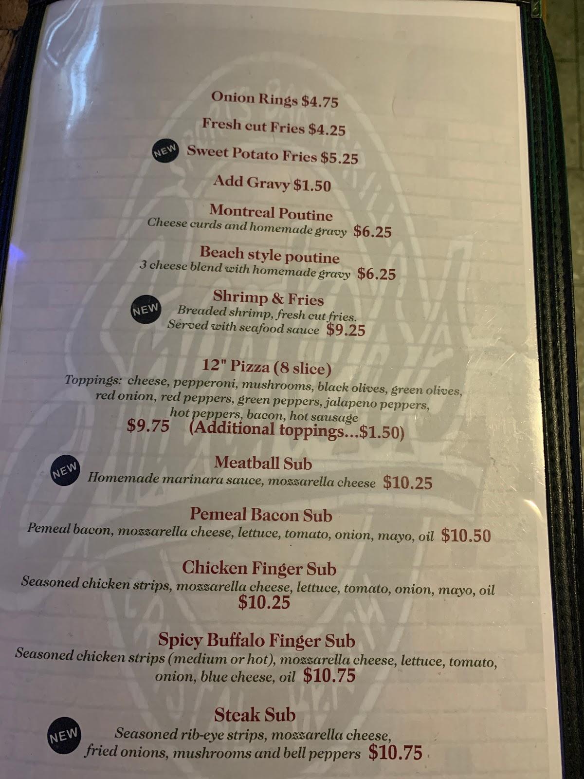 Menu at Sneaker's Beach Tavern pub & bar, Fort Erie