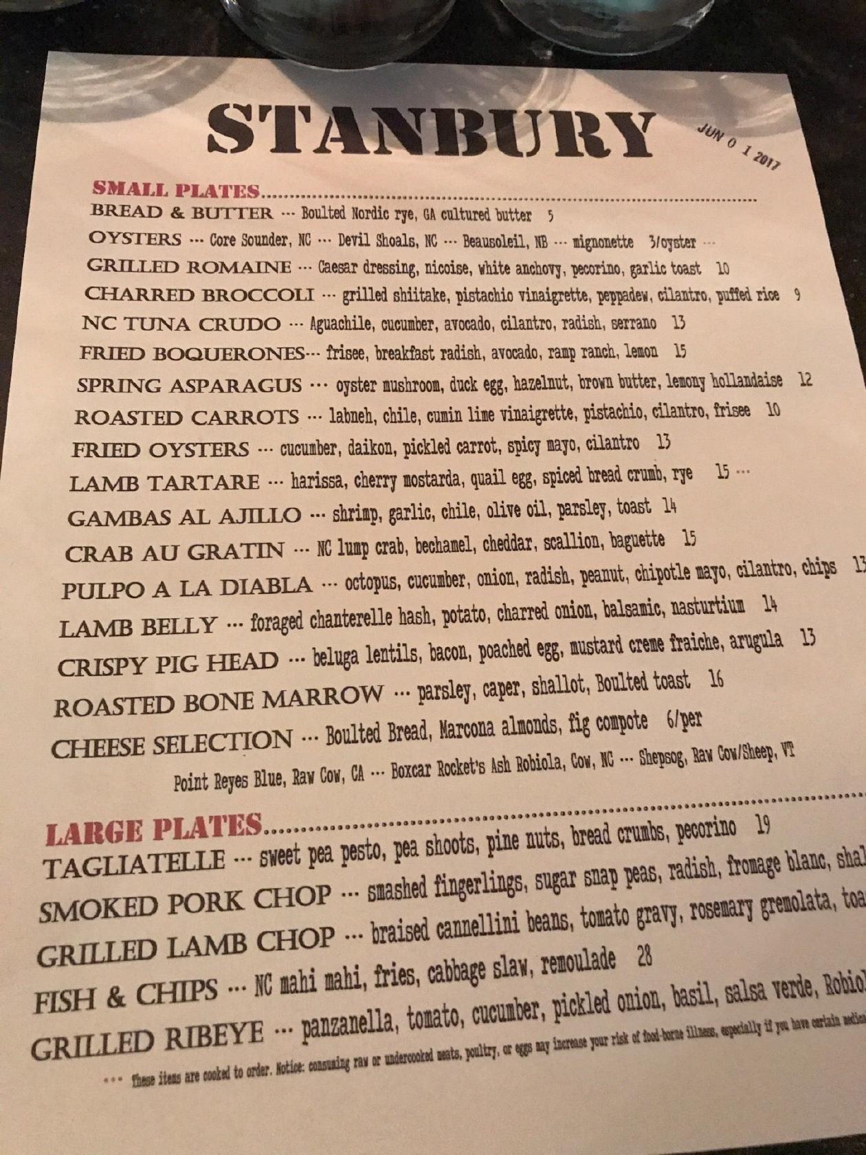 Menu at Stanbury restaurant, Raleigh