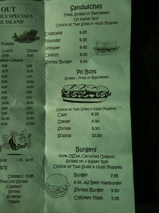 Menu at The Sea Shack restaurant, Hilton Head Island
