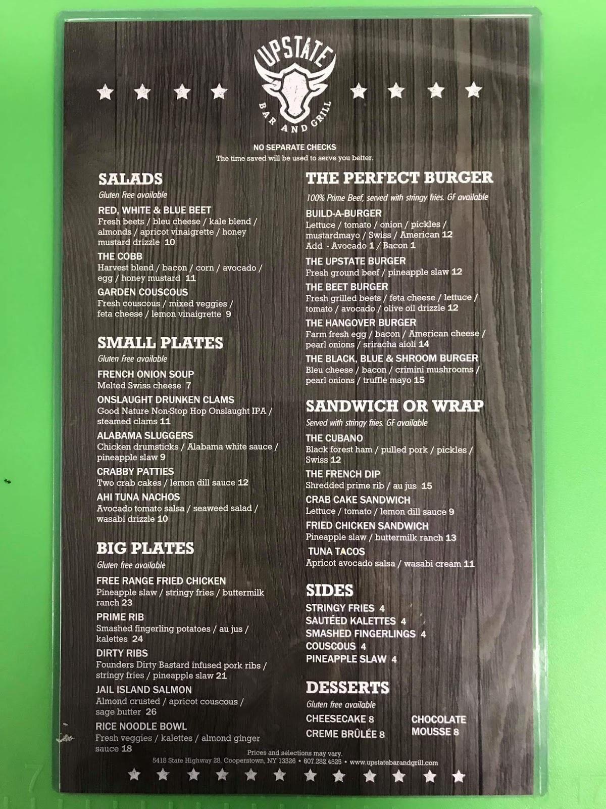 Menu at Upstate Bar and Grill, Cooperstown