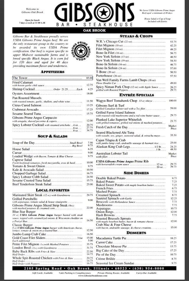 Menu at Gibsons Bar & Steakhouse, Oak Brook, Spring Rd