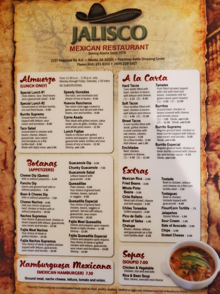 Menu at Jalisco Restaurant, Atlanta, Peachtree St NE