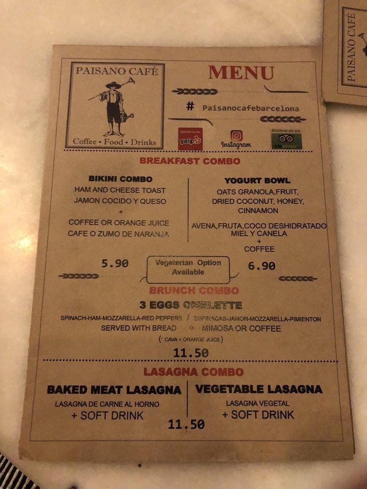 Menu at Paisano Bistró cafeteria, Barcelona