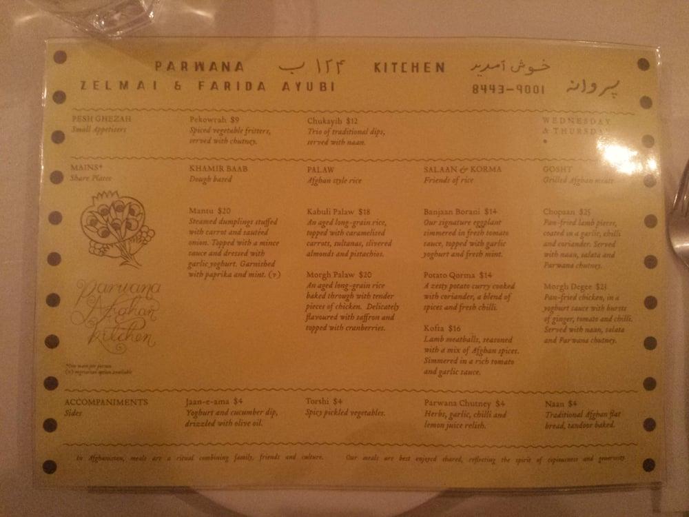 Menu at Parwana Afghan Kitchen restaurant, Torrensville