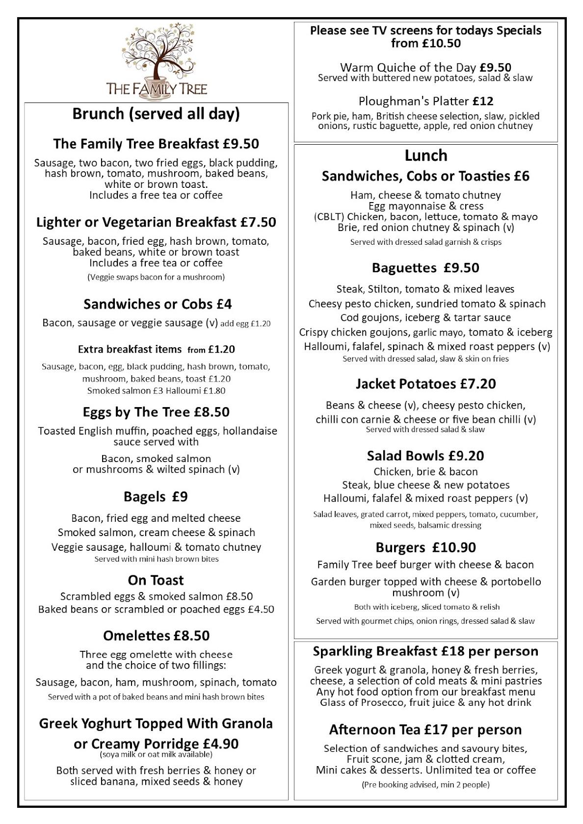 Menu at The Family Tree restaurant, Crich