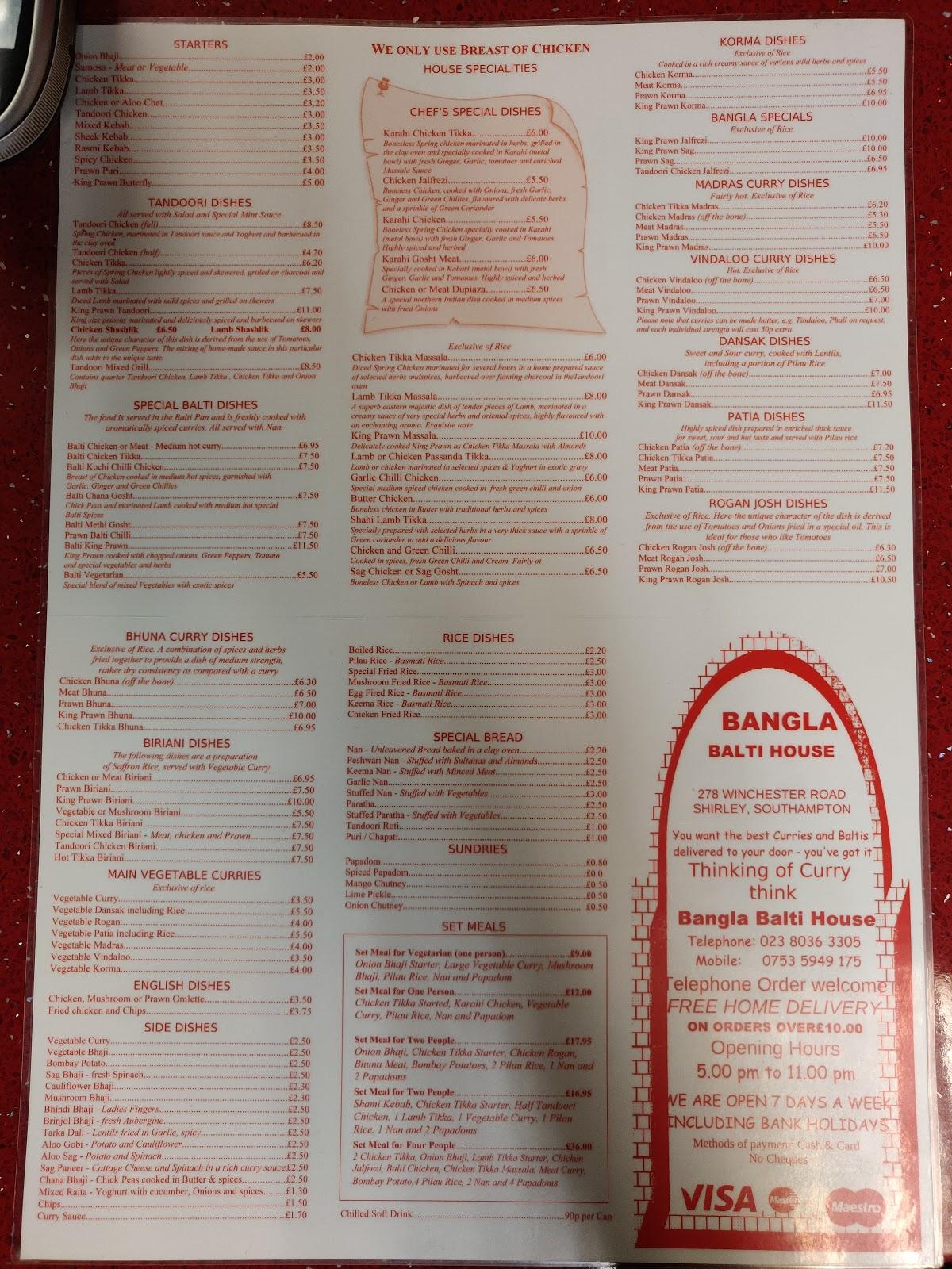 Menu at Bangla Balti House restaurant, Southampton