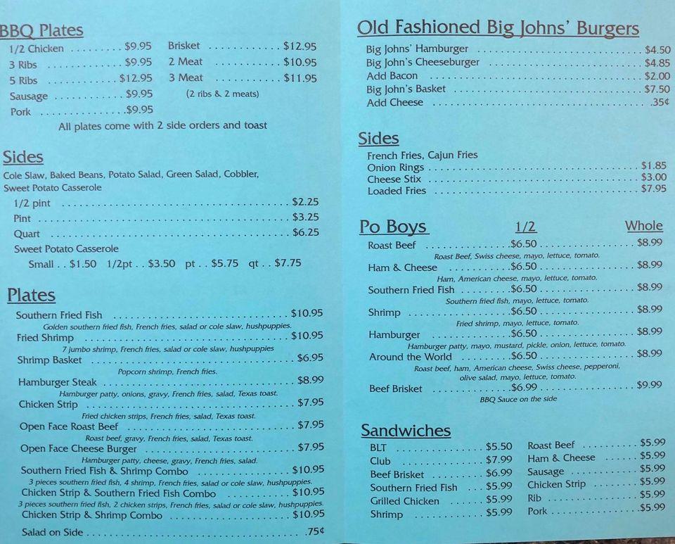 Menu at Big John's Bar-B-Que, Ferriday