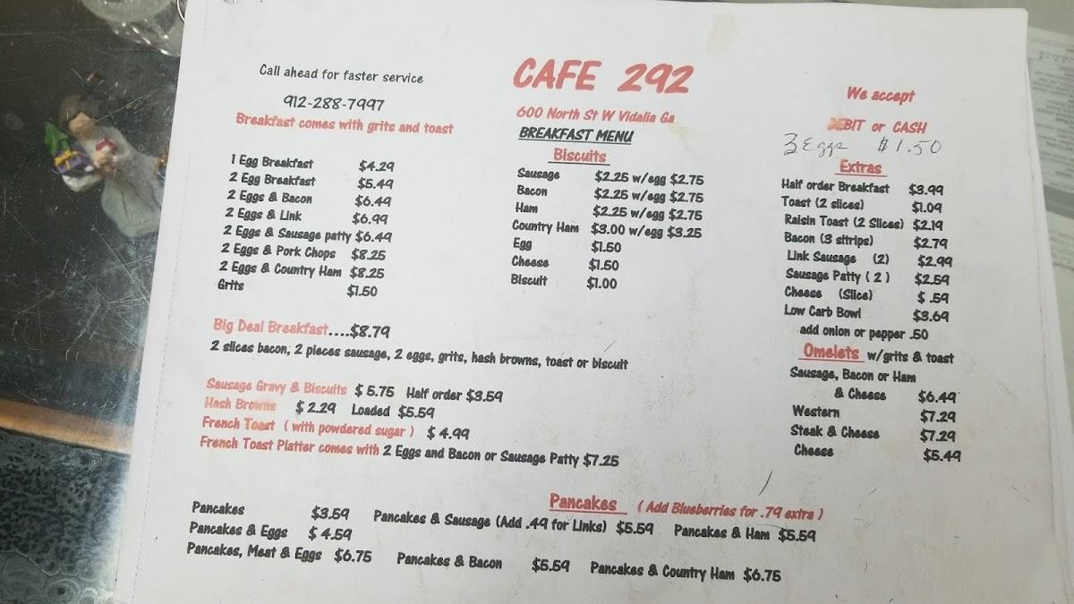 Menu at Cafe 292, Vidalia