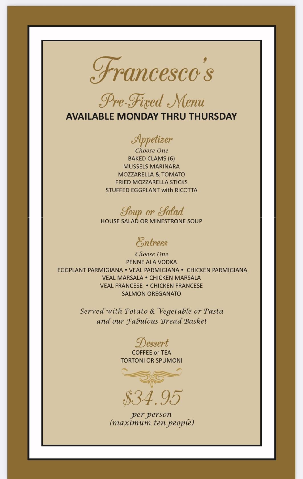 Menu at Francesco’s Supper Club, Bayonne, Victory Blvd