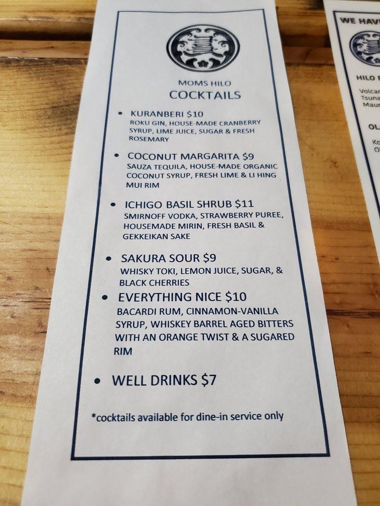 Menu at Moms Hilo restaurant, Hilo