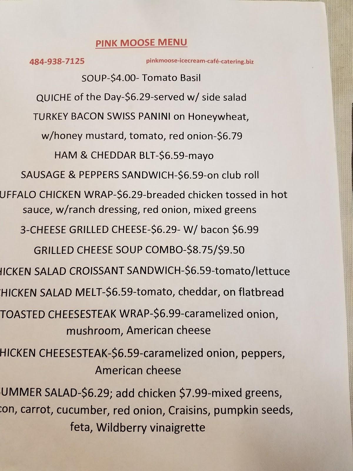 Menu at Pink Moose Ice Cream Cafe And Catering, Royersford