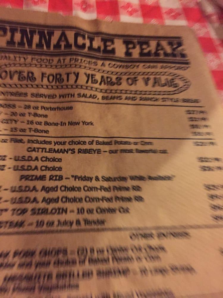 Menu at Pinnacle Peak Steakhouse, San Dimas