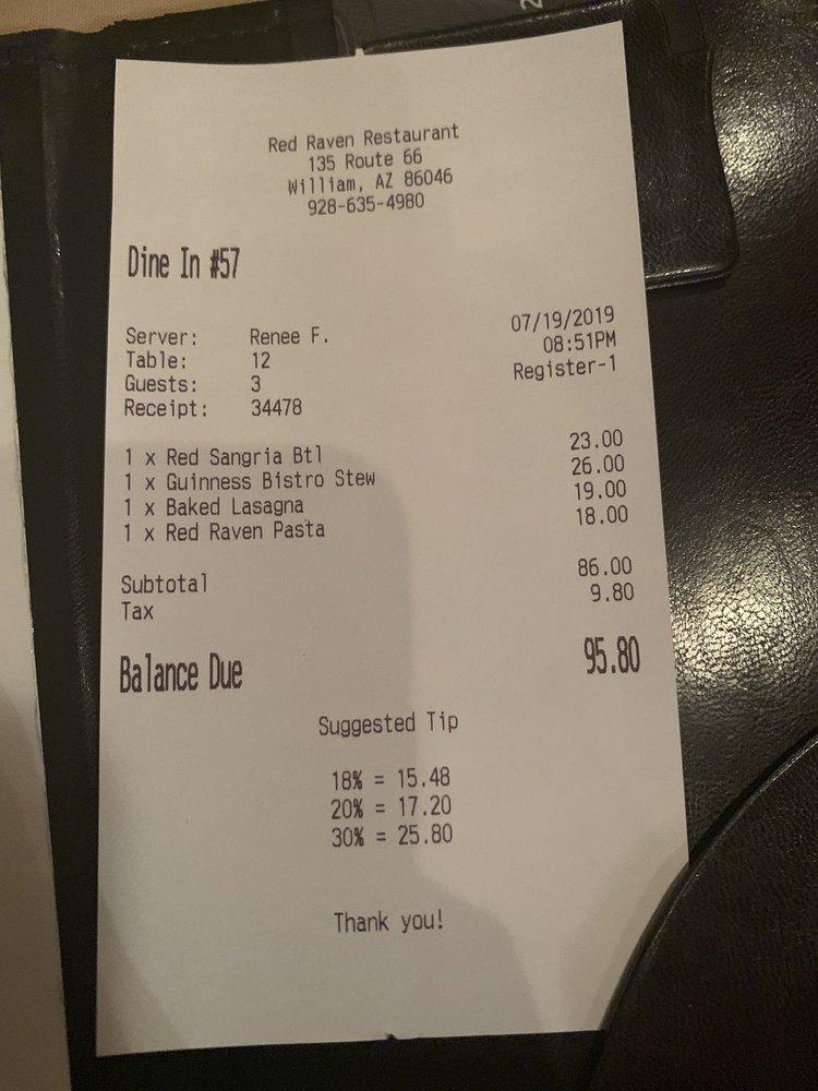 Menu at Red Raven Restaurant, Williams