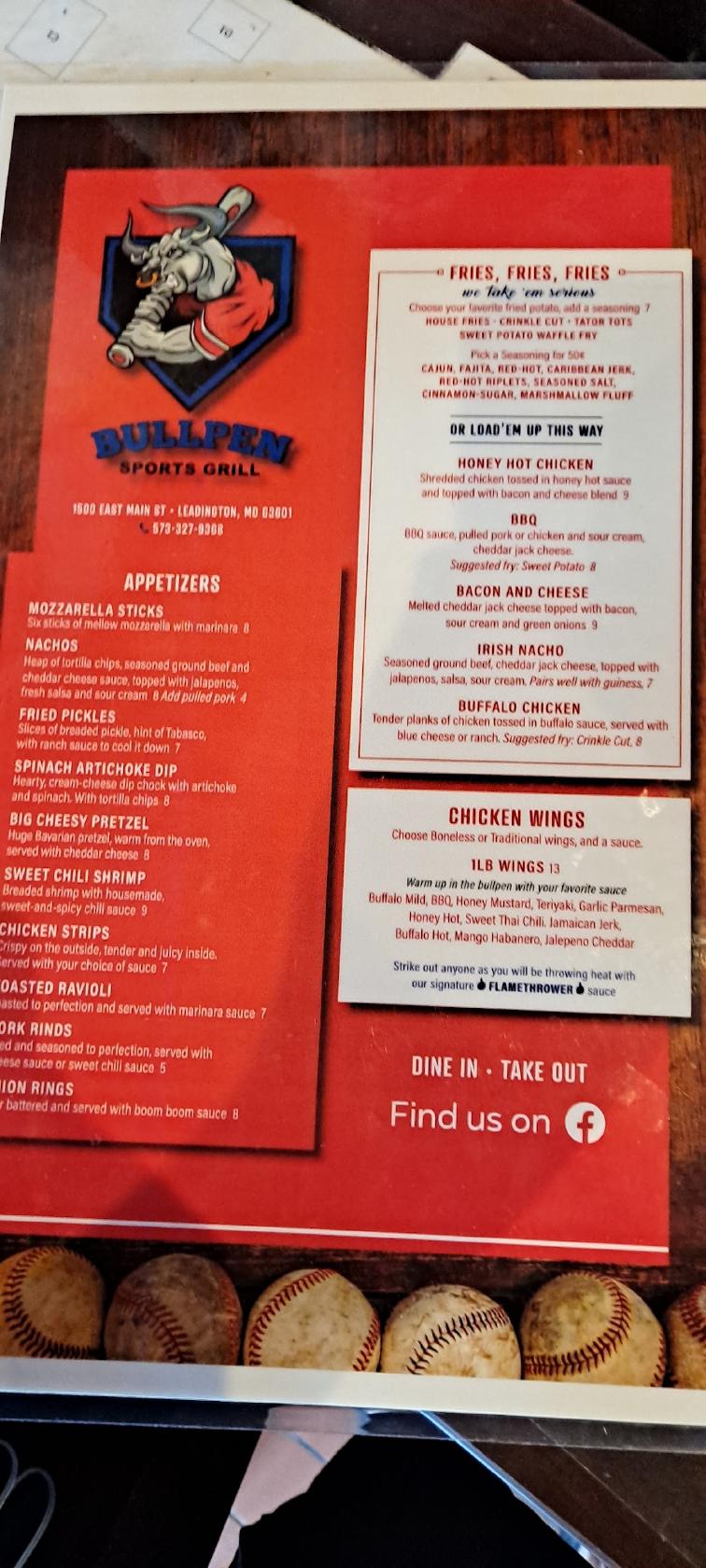 Menu at The Bullpen pub & bar, Leadington