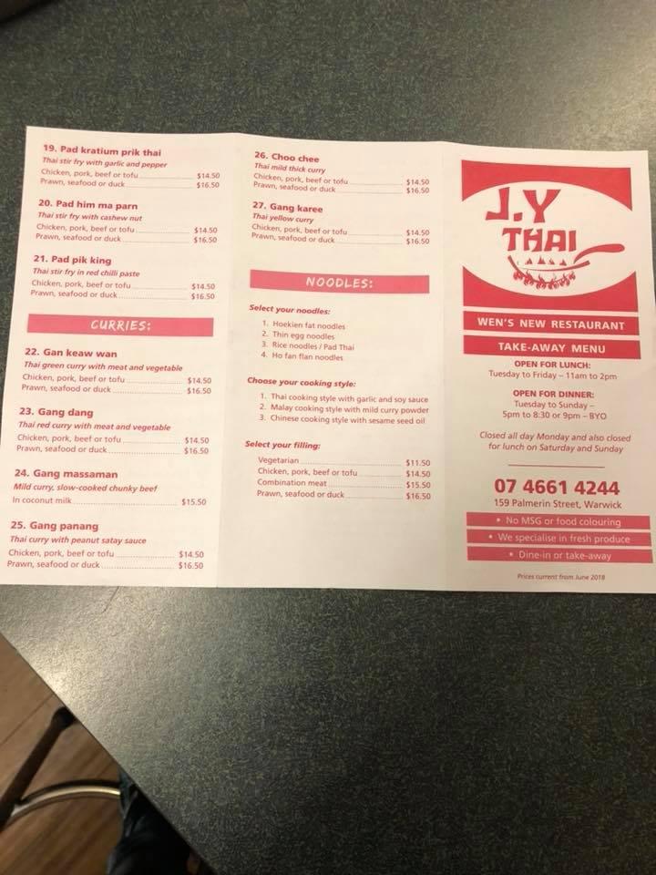 Menu at J.Y Thai restaurant, Warwick
