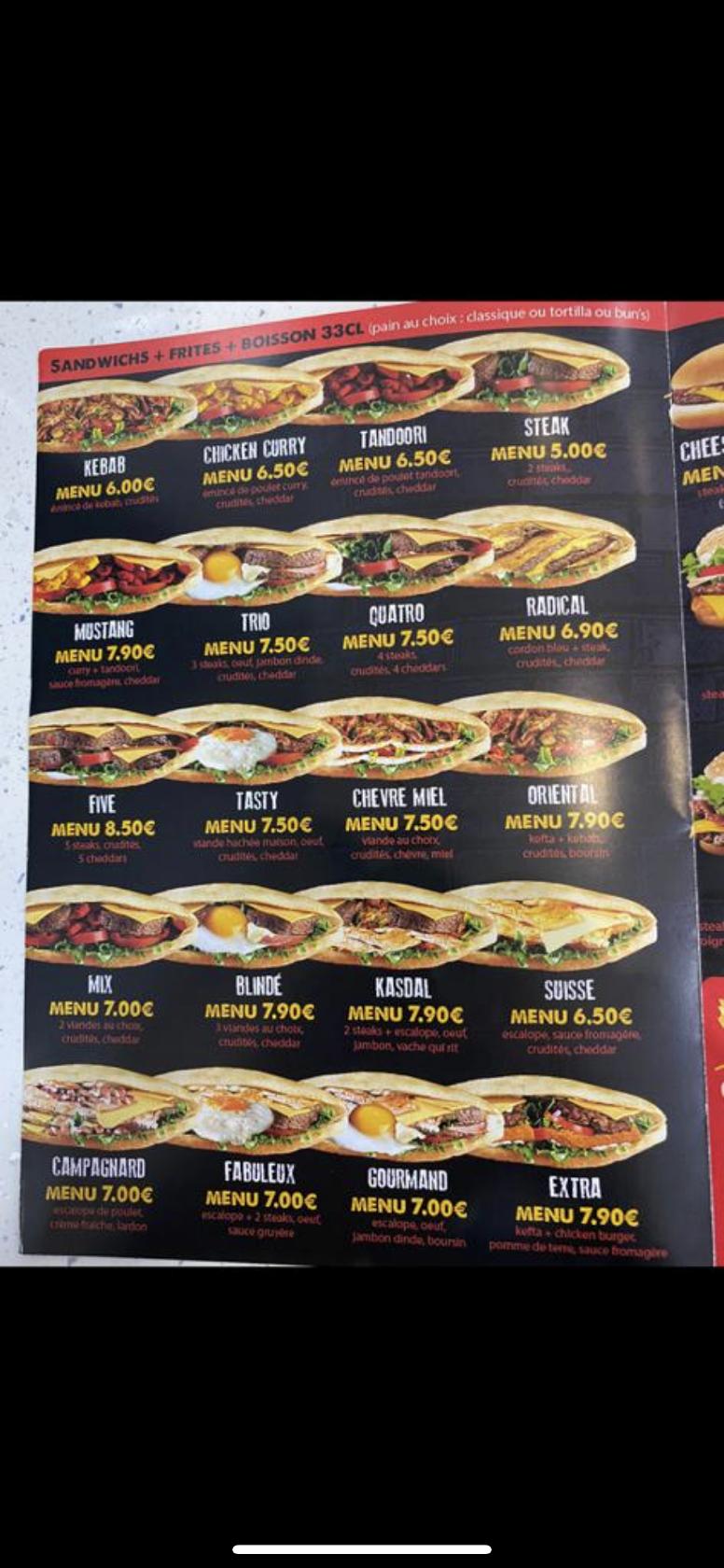 Menu at Le mustang restaurant, Bondy