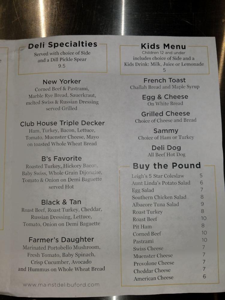 Menu at Main St. Deli cafe, Buford