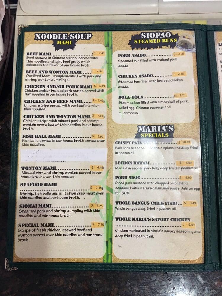 Menu at Maria's Kusina restaurant, Buena Park