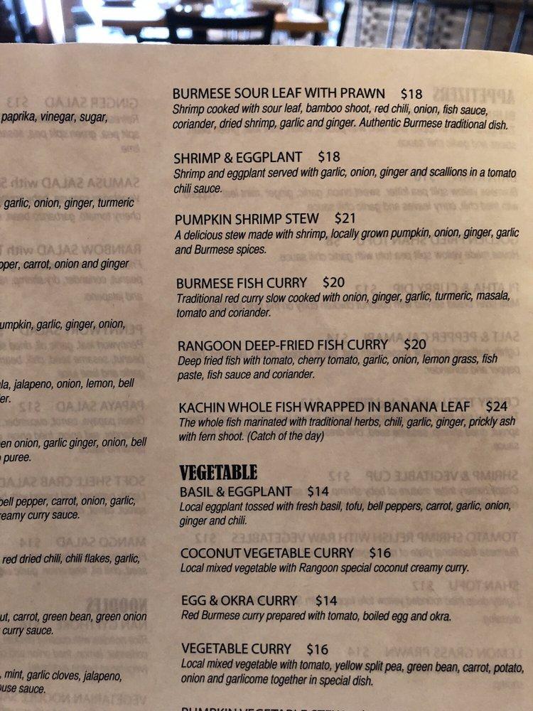 Menu at Rangoon Burmese kitchen restaurant, Honolulu