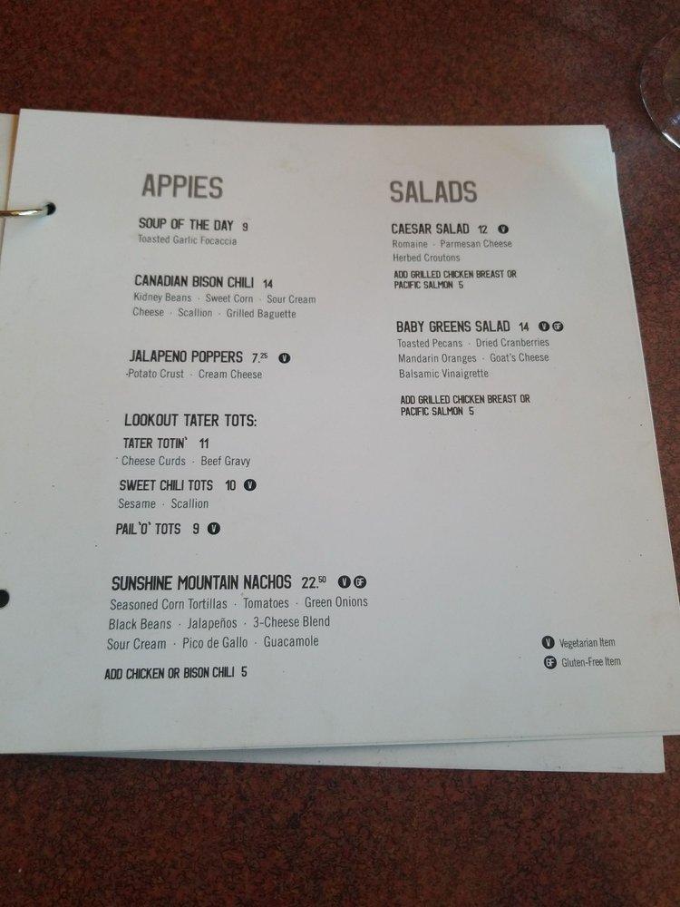 Menu at The Lookout Lounge Kitchen & Bar, Canada, 1 Sunshine Access Rd