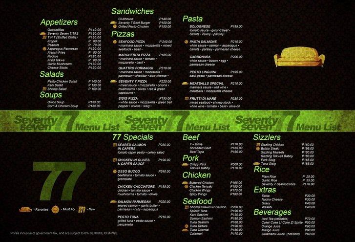 Menu at 77 Cafe, Quezon City