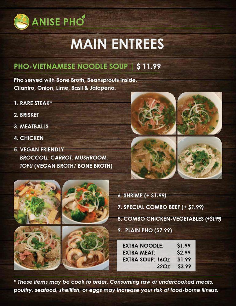 Menu at Anise Pho restaurant, Raleigh, 222 Glenwood Ave #113