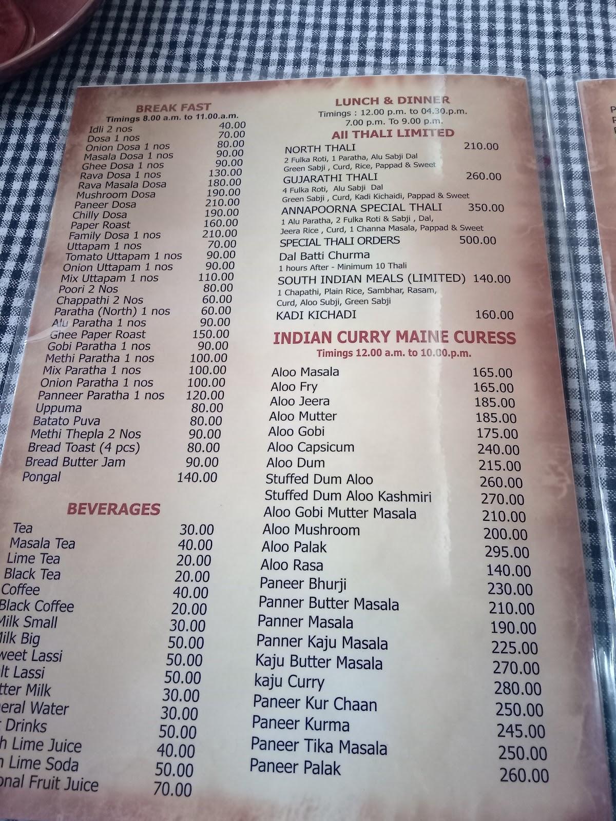 Menu at Annapurna Veg Restaurant, Munnar