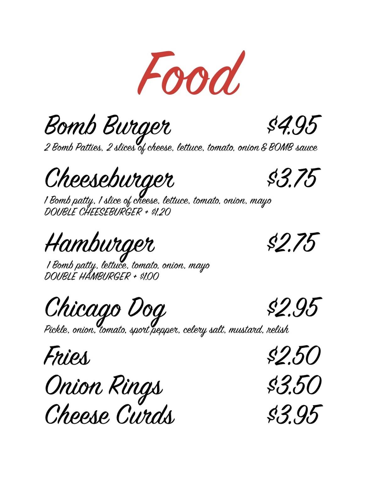 Menu at Bomb Burger restaurant, Burlington