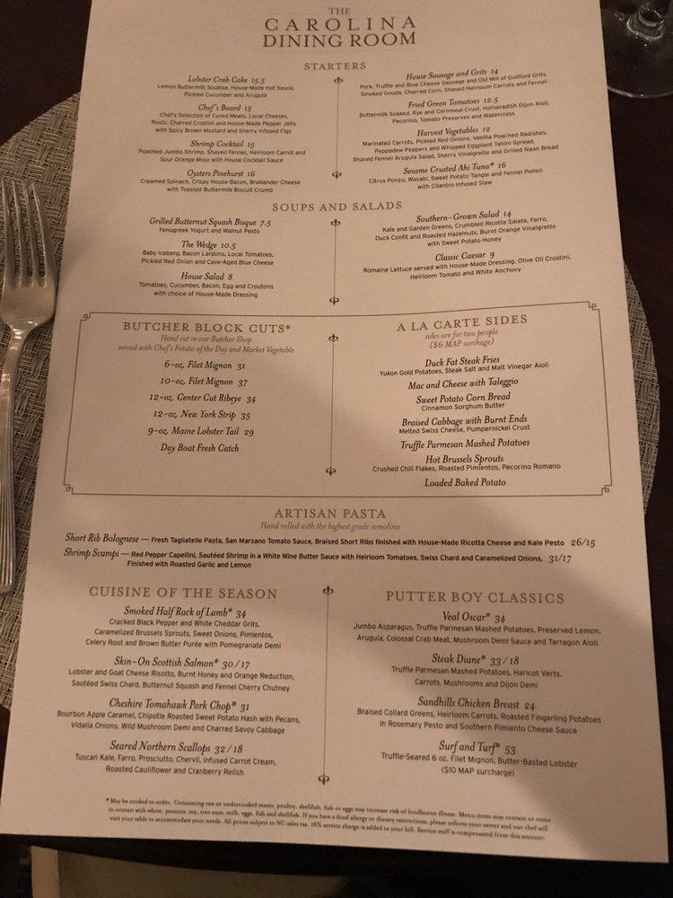 Carta del restaurante Carolina Dining Room, Pinehurst, 80 Carolina Vista Dr