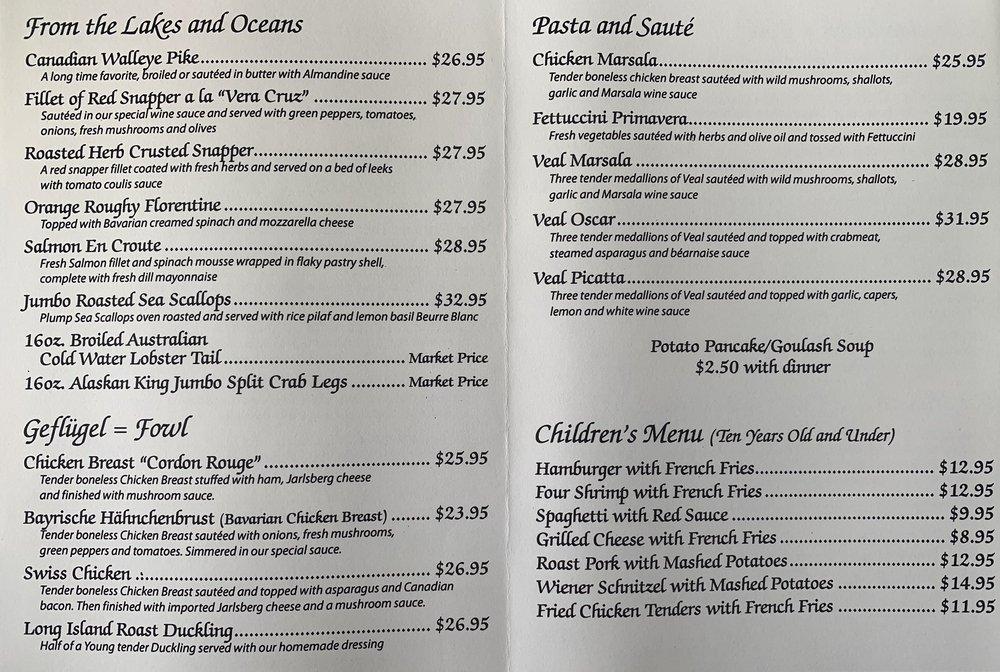 Menu at Chef Klaus' Bier Stube restaurant, Frankfort
